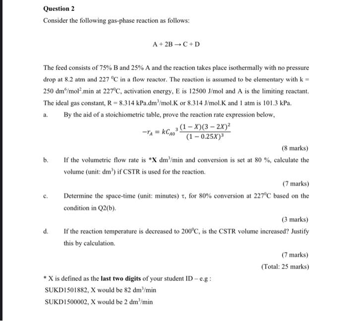 Solved Question 2 Consider the following gas-phase reaction | Chegg.com