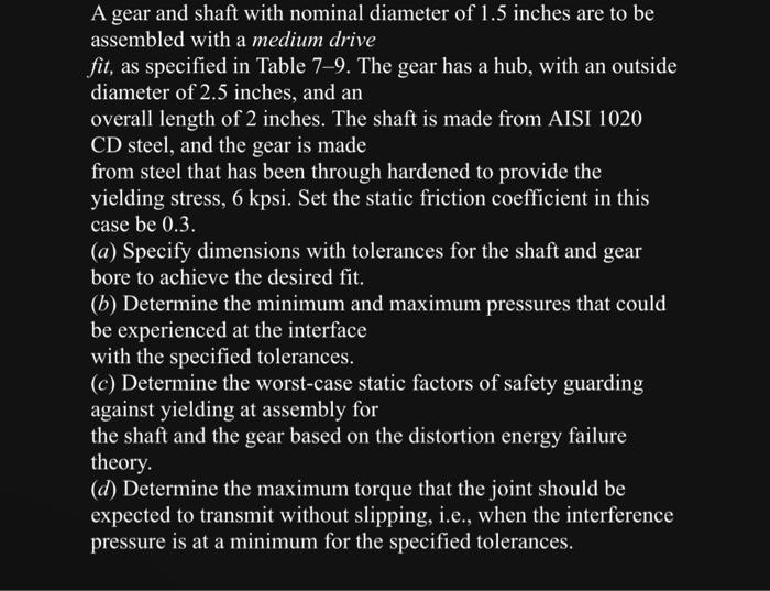 Solved A gear and shaft with nominal diameter of 1.5 inches | Chegg.com