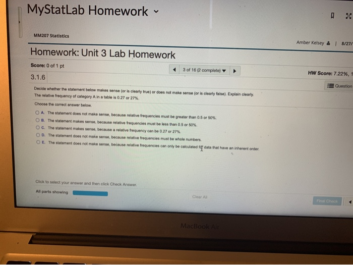Solved MyStatLab Homework MM207 Statistics Amber Kelsey | Chegg.com