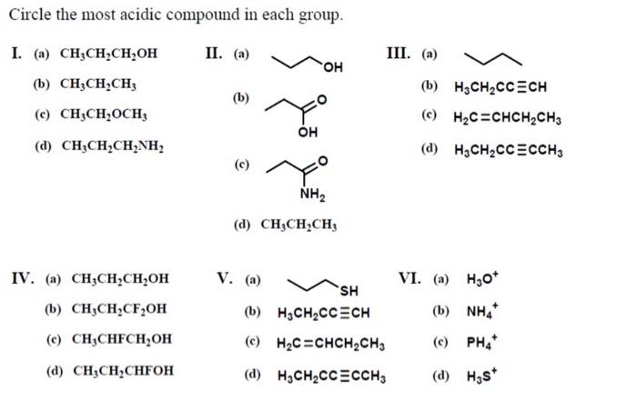 Solved Circle the most acidic compound in each group. I. (a) | Chegg.com