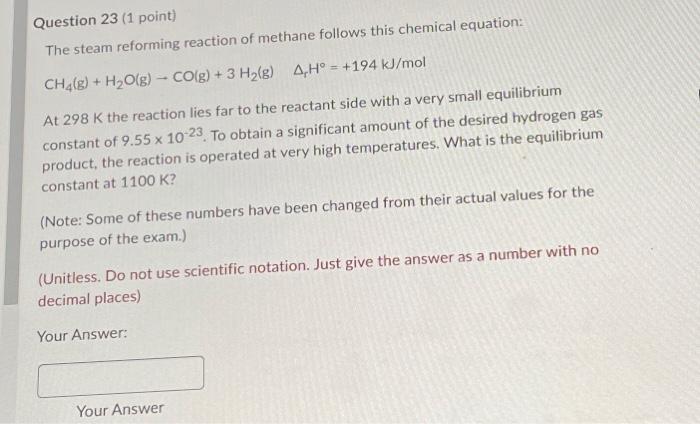 Solved Question 23 (1 point) The steam reforming reaction of | Chegg.com