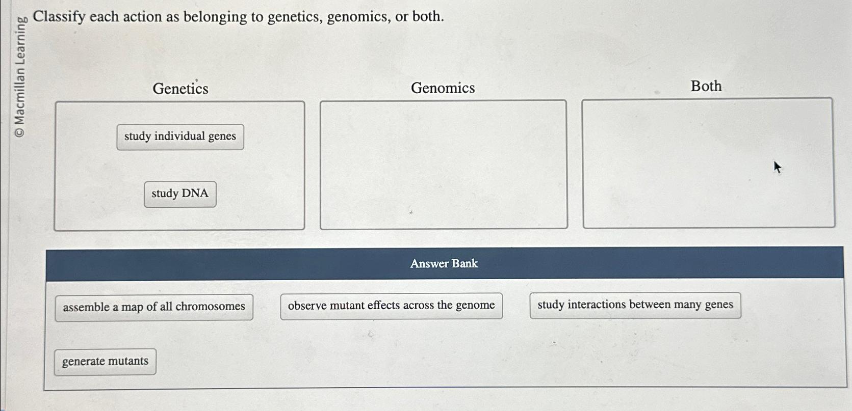 Solved „Classify each action as belonging to genetics, | Chegg.com