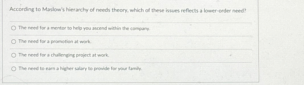 Solved According to Maslow's hierarchy of needs theory, | Chegg.com