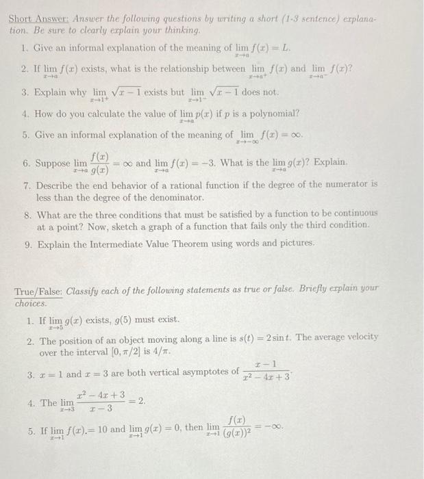 Solved Short Answer: Answer the following questions by | Chegg.com