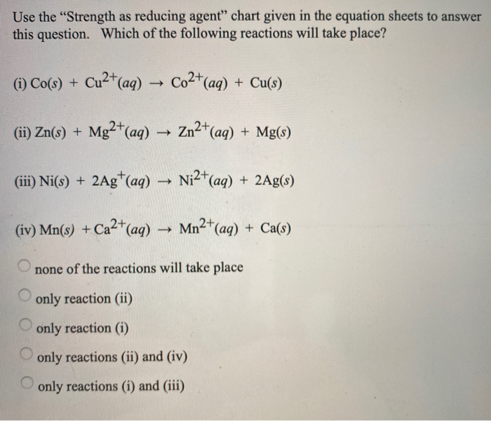 Solved Use the “Strength as reducing agent" chart given in | Chegg.com