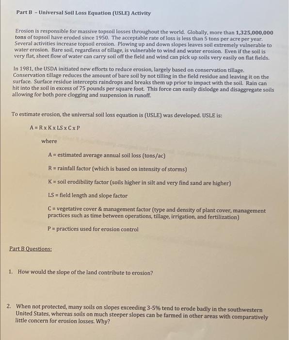 Solved Part B - Universal Soil Loss Equation (USLE) Activity | Chegg.com