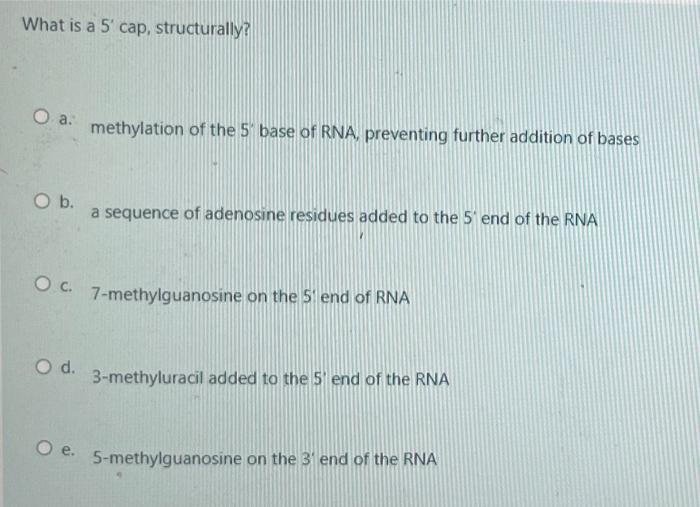 Solved What is a 5' cap, structurally? O a: methylation of | Chegg.com