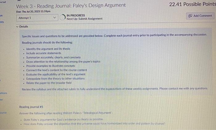 Week 3 - Reading Journal: Paley's Design Argument | Chegg.com