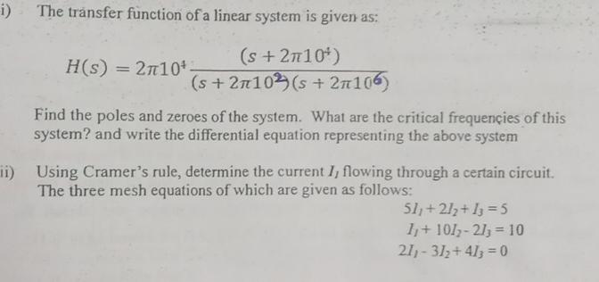 Solved i) ﻿The transfer function of a linear system is given | Chegg.com