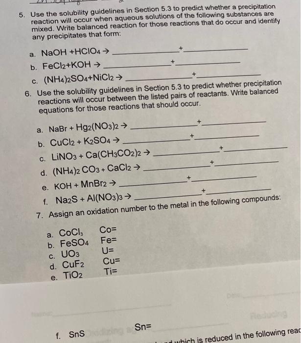 Solved 5. Use the solubility guidelines in Section 5.3 to | Chegg.com