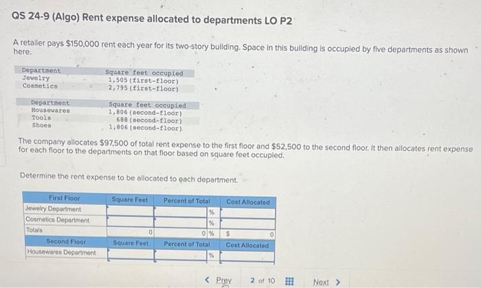 Solved QS 24-9 (Algo) Rent expense allocated to departments | Chegg.com