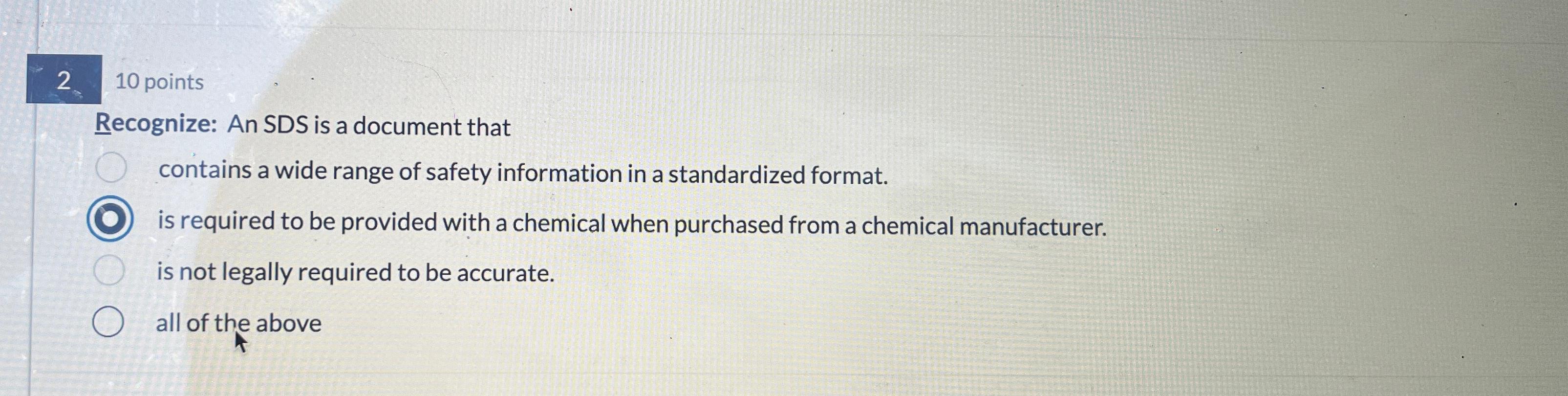 Solved 10 ﻿pointsRecognize: An SDS is a document | Chegg.com
