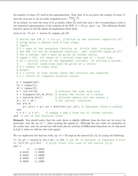 MAT 275 Laboratory 3 Numerical Solutions by Euler and | Chegg.com