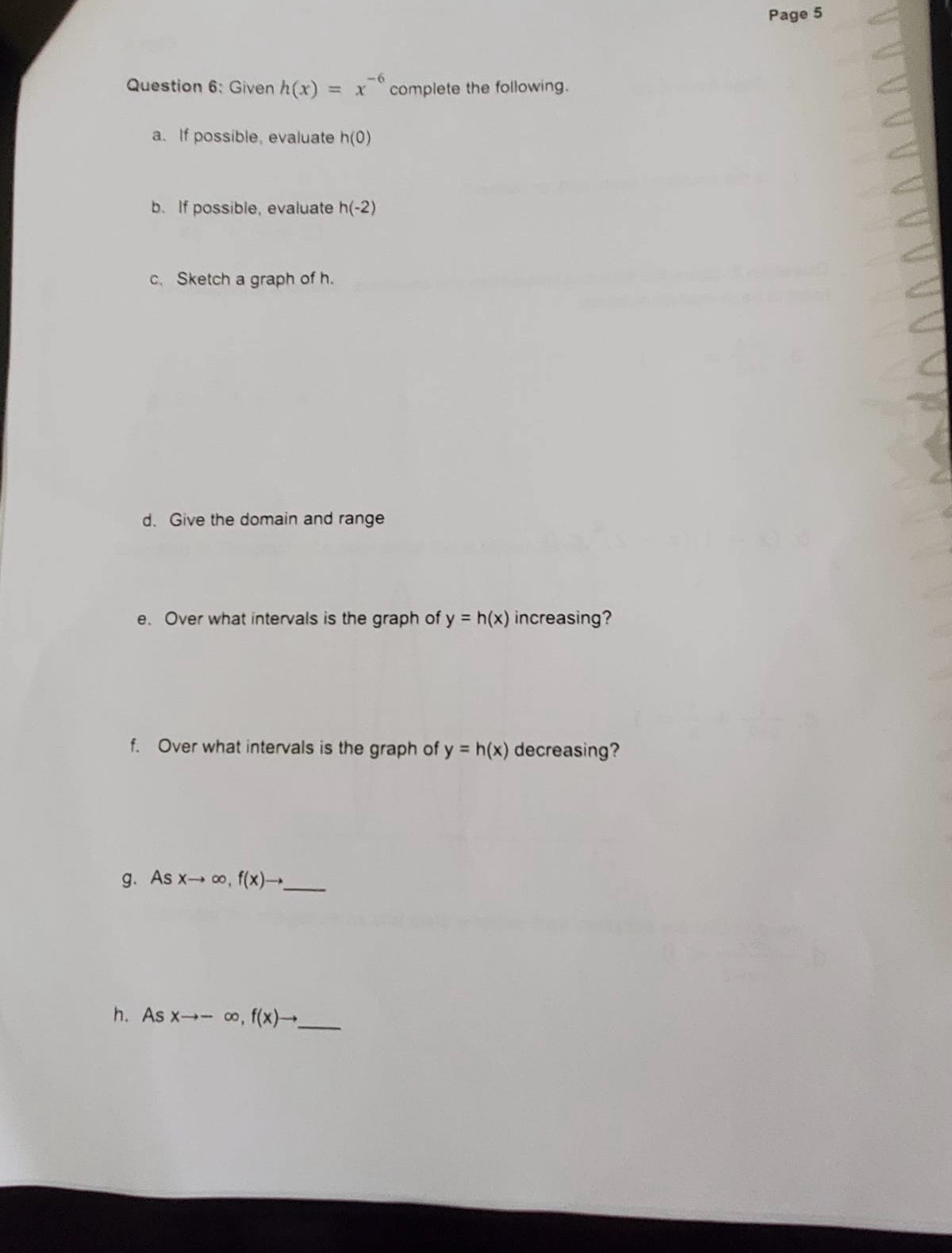 Solved Page 5Question 6: Given h(x)=x-6 ﻿complete the | Chegg.com
