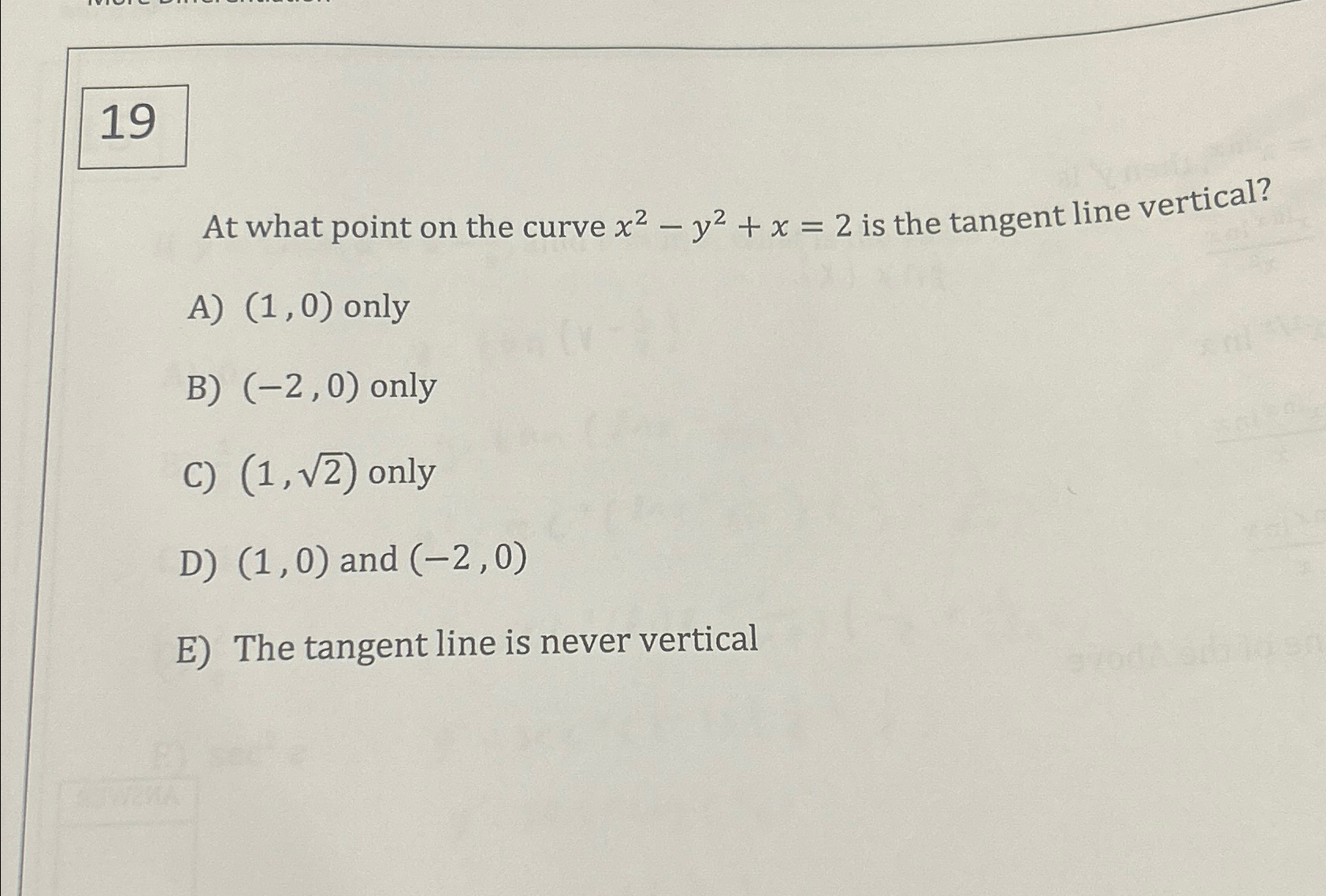 Solved At what point on the curve x2-y2+x=2 ﻿is the tangent | Chegg.com
