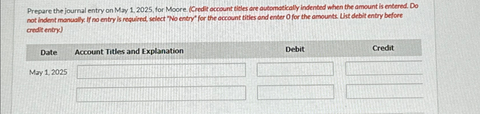 Prepare the journal entry on May 1,2025, for Moore. | Chegg.com