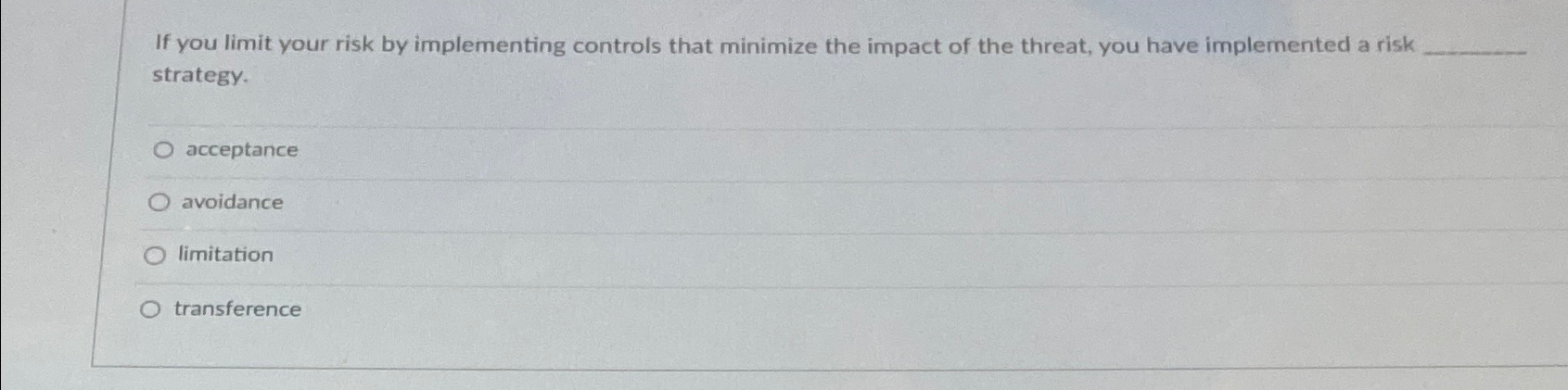 Solved If you limit your risk by implementing controls that | Chegg.com