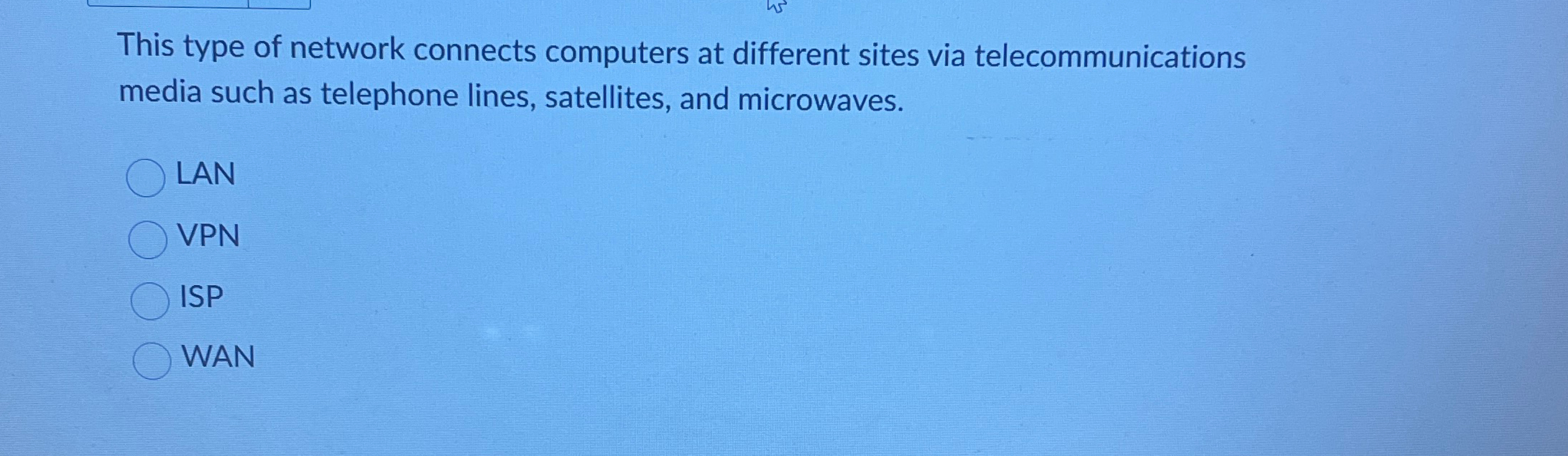 Solved This type of network connects computers at different | Chegg.com