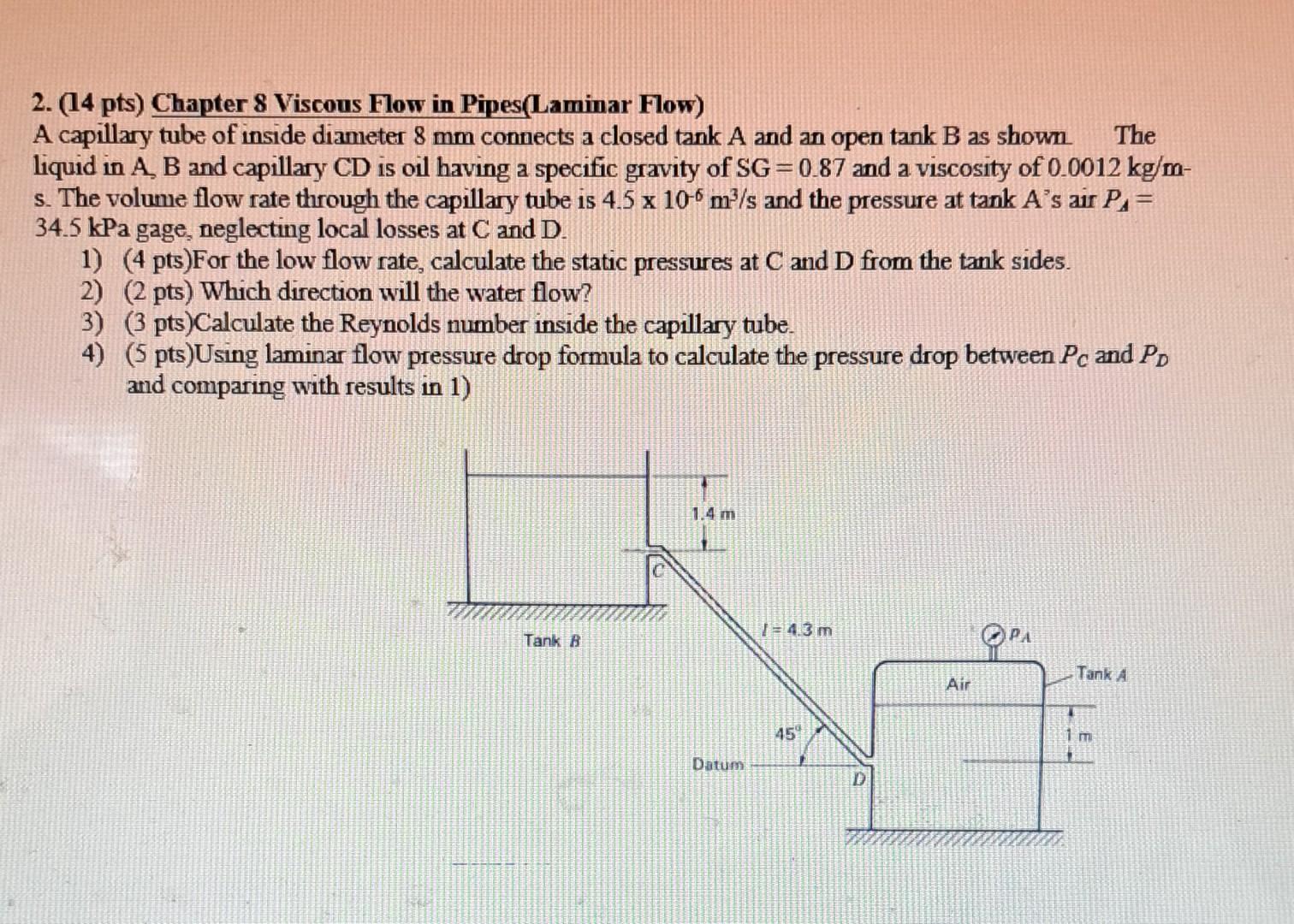Solved 2. (14 pts) Chapter 8 Viscous Flow in Pipes(Laminar | Chegg.com