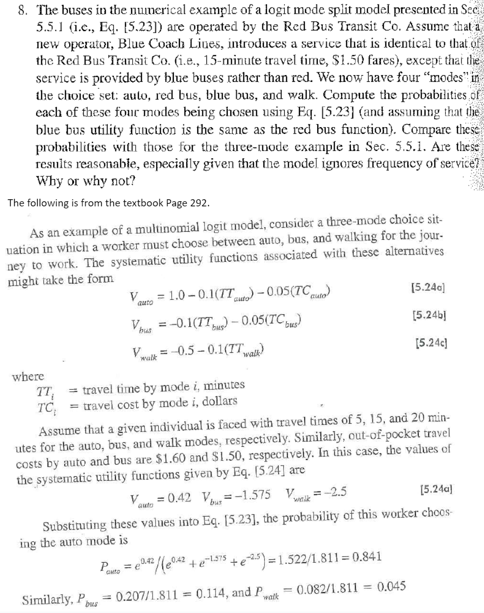 Solved The buses in the numerical example of a logit mode | Chegg.com