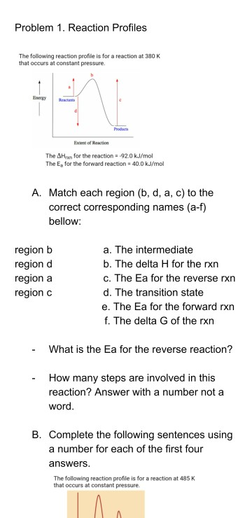 Solved Problem 1. Reaction Profiles The following reaction | Chegg.com