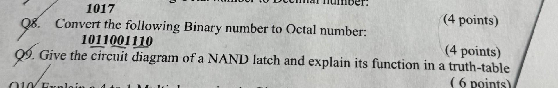 Solved 1017 (4 points) Q8. Convert the following Binary | Chegg.com