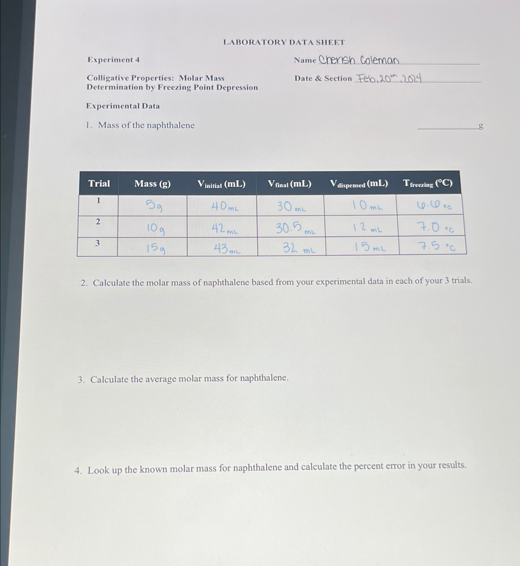 Solved LABORATORY DATA SHEETExperiment 4Name Cherish | Chegg.com