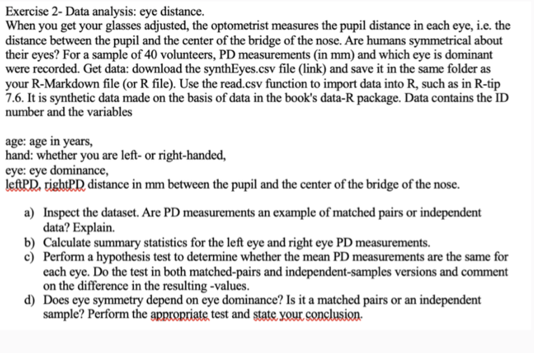 Solved Exercise 2- ﻿Data analysis: eye distance.When you get | Chegg.com
