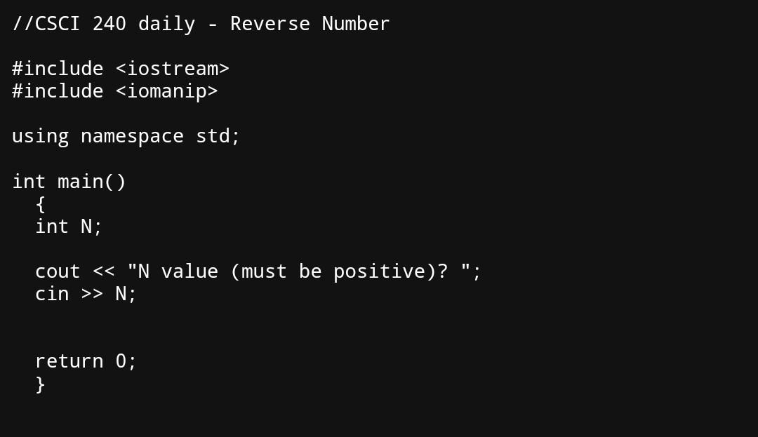Solved //CSCI 240 daily - Reverse Number \#include | Chegg.com