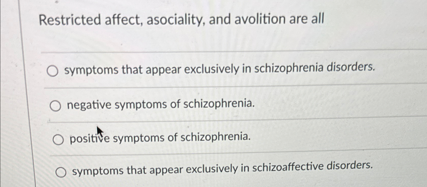 Solved Restricted affect, asociality, and avolition are | Chegg.com