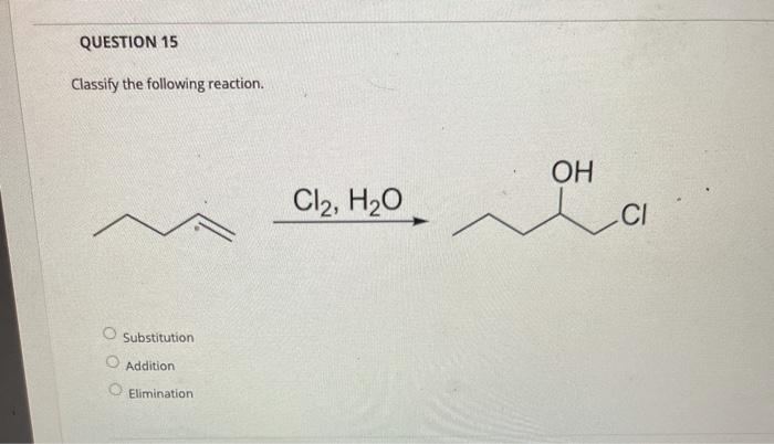 Solved QUESTION 15 Classify the following reaction. OH Cl2, | Chegg.com