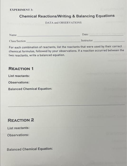 Solved Chemical Reactions/Writing \& Balancing Equations | Chegg.com