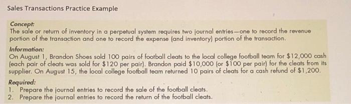 Solved Sales Transactions Practice Example Concept: The sale | Chegg.com