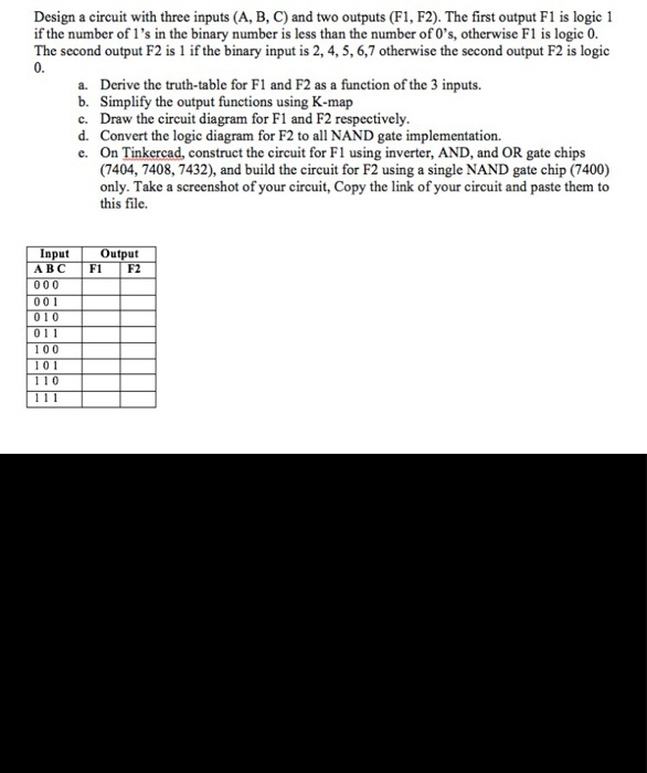 Solved Design a circuit with three inputs (A, B, C) and two | Chegg.com