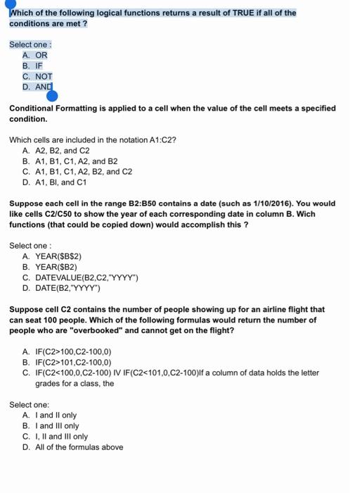 Solved Which of the following logical functions returns a | Chegg.com