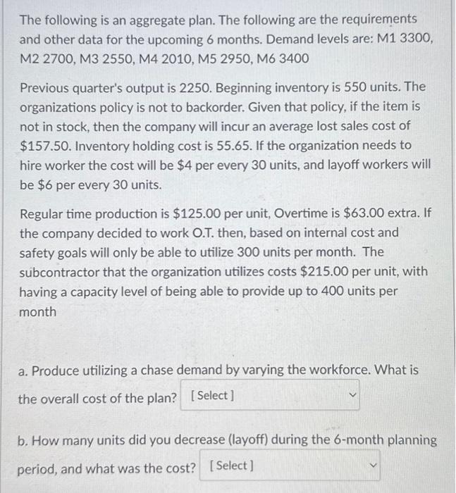 Solved The following is an aggregate plan. The following are | Chegg.com