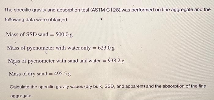 Solved The specific gravity and absorption test (ASTM C128) | Chegg.com
