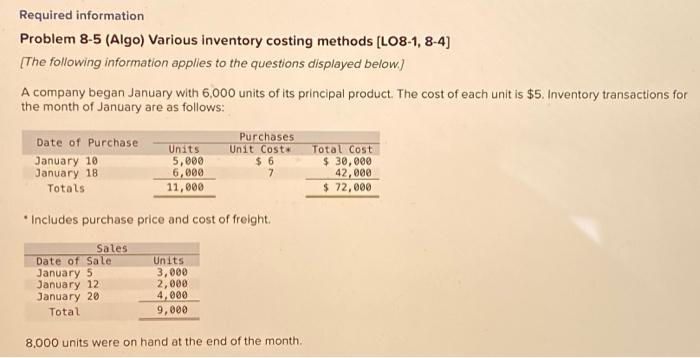 Solved Problem 8-5 (Algo) Various inventory costing methods | Chegg.com