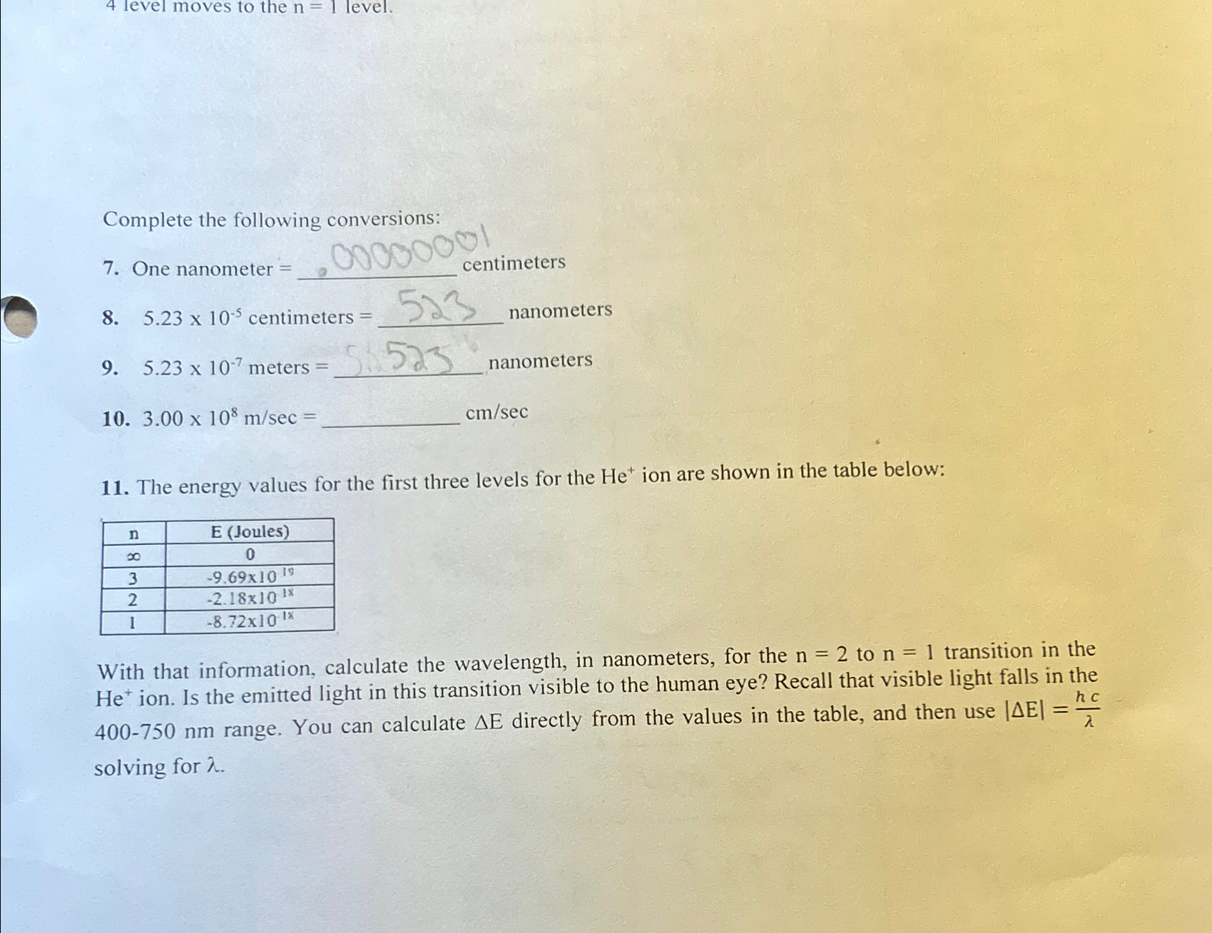 Solved 4 ﻿level moves to the n=1 ﻿level.Complete the | Chegg.com