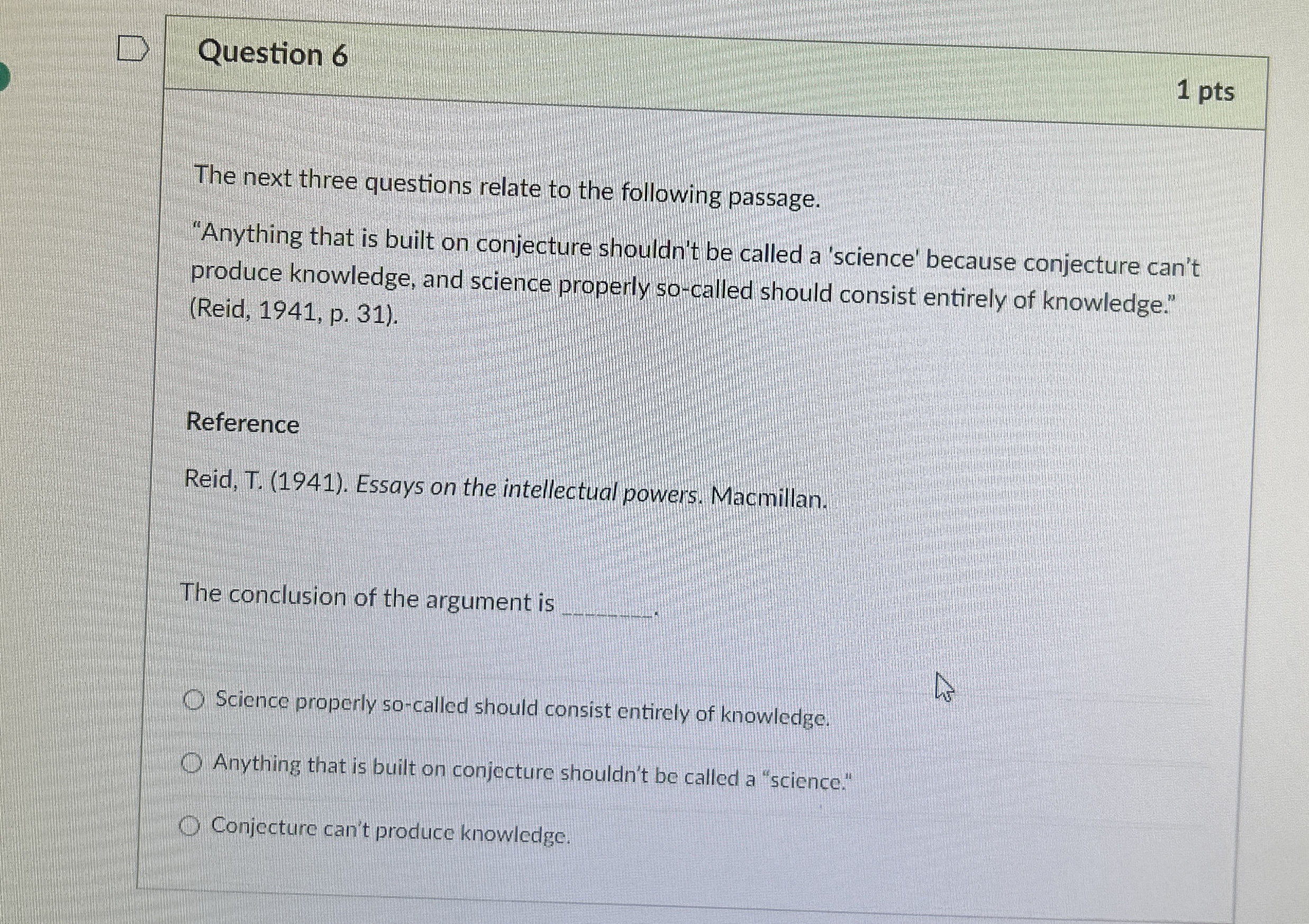 Solved Question 61 ﻿ptsThe next three questions relate to | Chegg.com