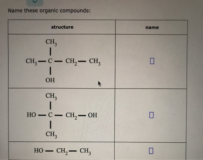 Solved Name these organic compounds: structure name CH, CH, | Chegg.com