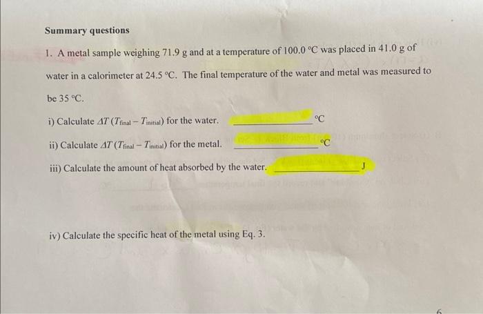 Solved Summary questions 1. A metal sample weighing 71.9 g | Chegg.com