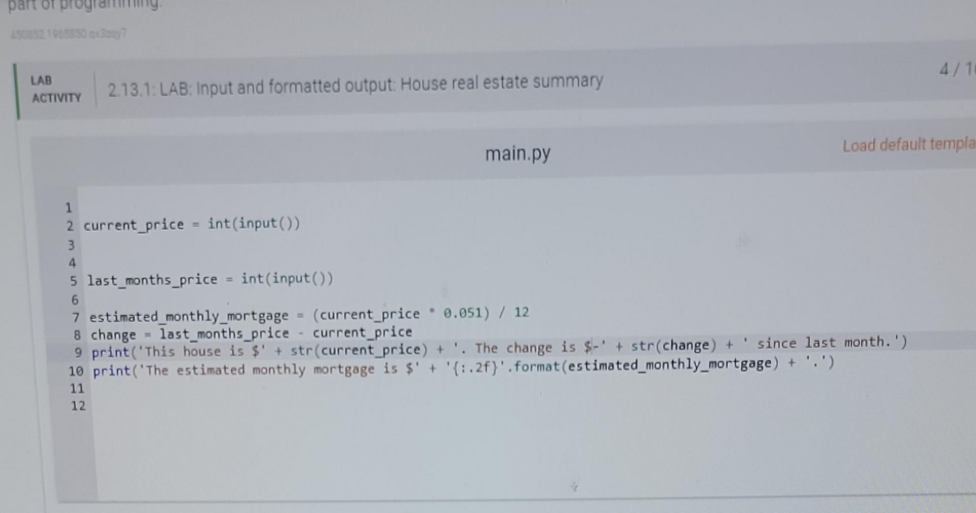 Solved main.py Load default templaOutput differs. See | Chegg.com