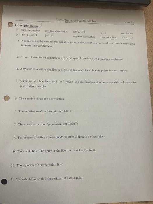 Solved Two Quantitative Variables Concepts-Rewindt r. Linear | Chegg.com