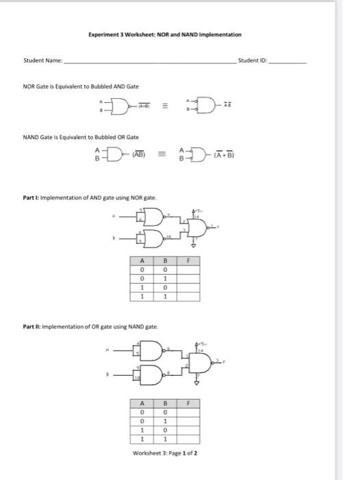 Solved Experiment 3 Worksheet: NOA and NAND Implementation | Chegg.com