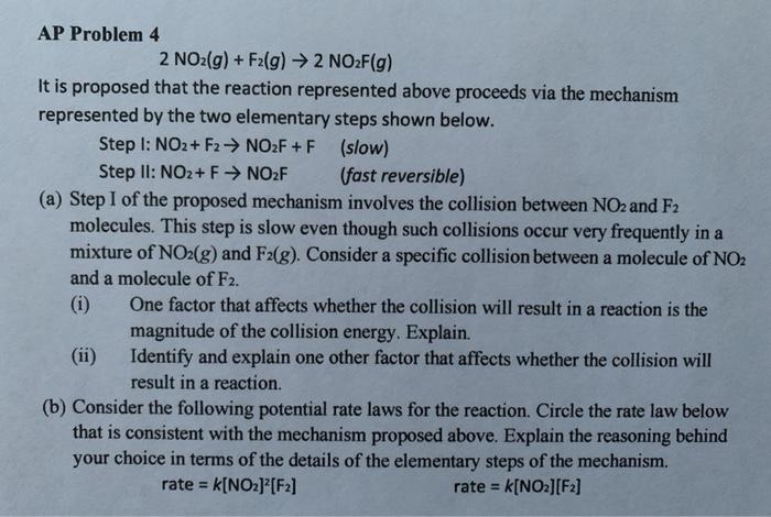 Solved AP Problem 4 2 NO2(g) + F2(g) → 2 NOzF(g) It is | Chegg.com