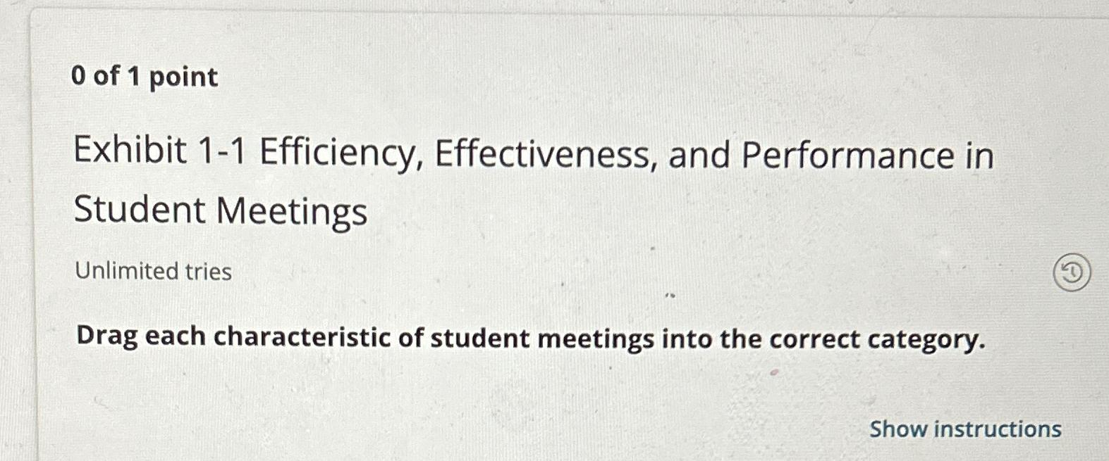 Solved 0 ﻿of 1 ﻿pointExhibit 1-1 ﻿Efficiency, Effectiveness, | Chegg.com