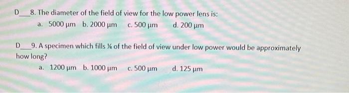 Solved D_8. The diameter of the field of view for the low | Chegg.com