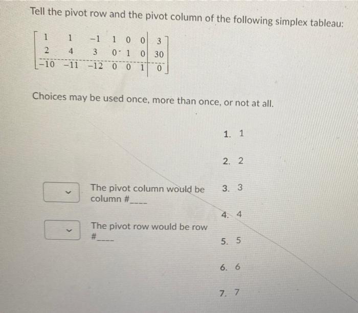 Solved Tell the pivot row and the pivot column of the | Chegg.com