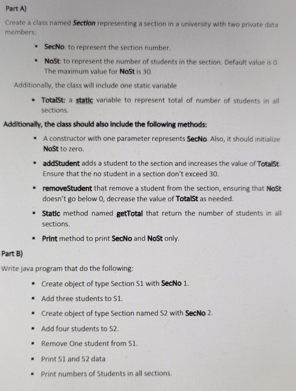 Solved Part A) Create a class named Section representing a | Chegg.com